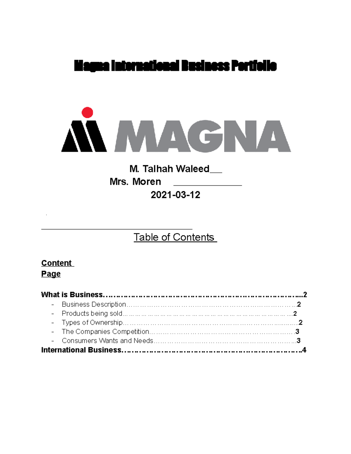Magna International Business Portfolio - Talhah Waleed Mrs. Moren 2021 ...