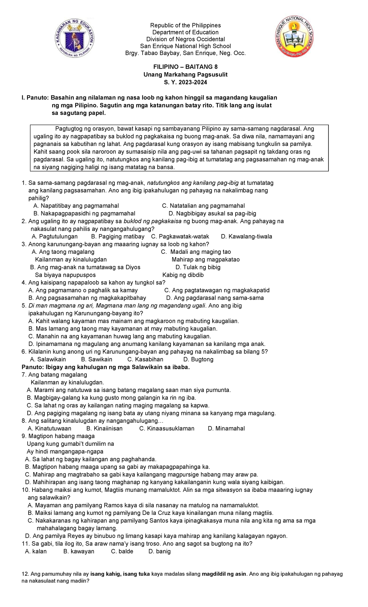 Grade 8 Filipino Q 1 SY 23-24 - exam - Republic of the Philippines ...