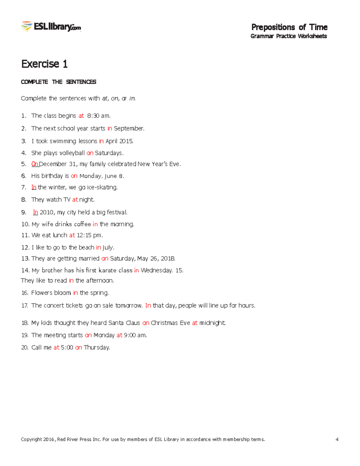 Prepositions of Time - Prepositions of Time Grammar Practice Worksheets ...