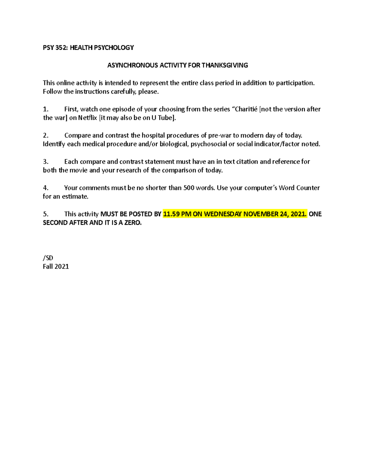 Thanksgiving Assignment docx 2 - PSY 352: HEALTH PSYCHOLOGY ...