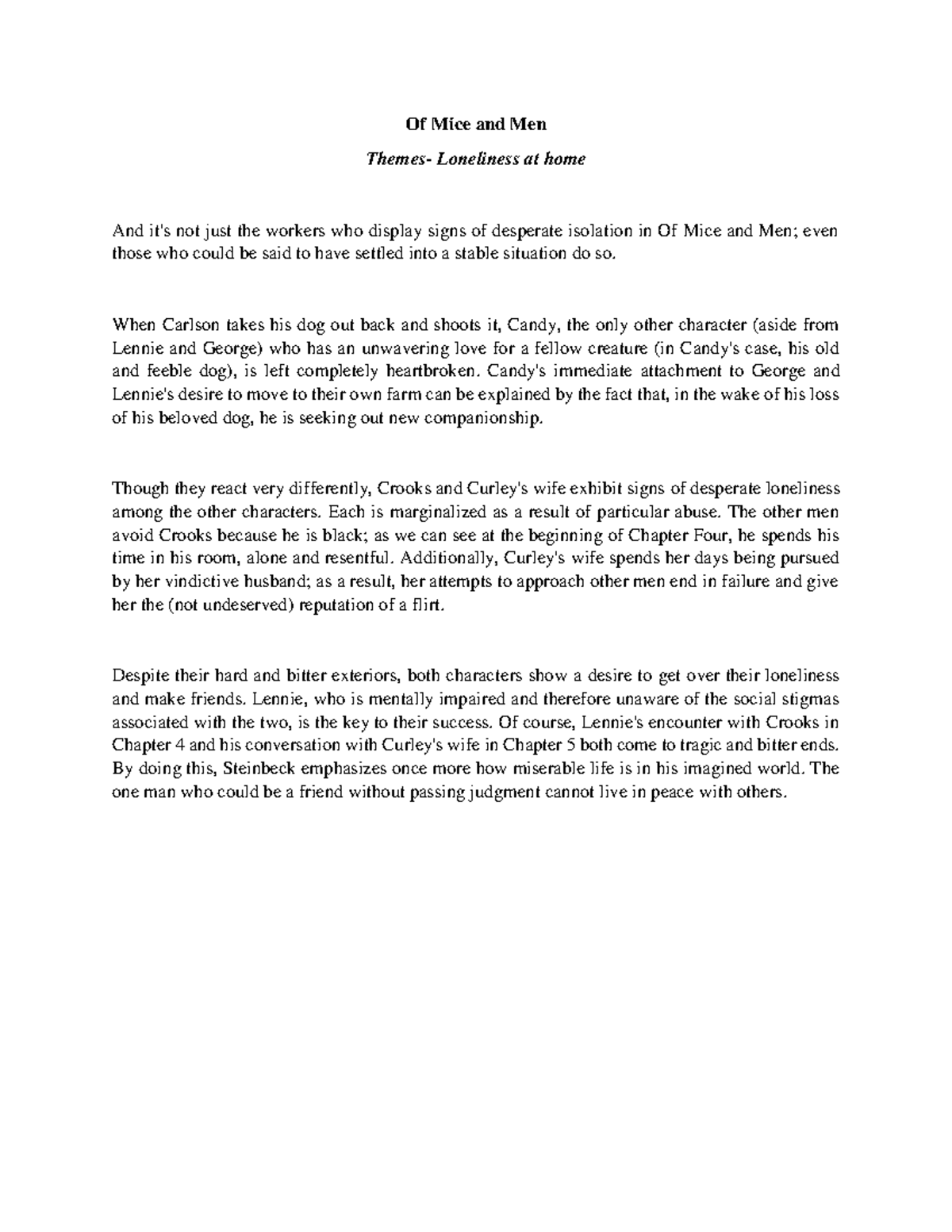 Of Mice and Men - Themes- Loneliness at home - Of Mice and Men Themes ...