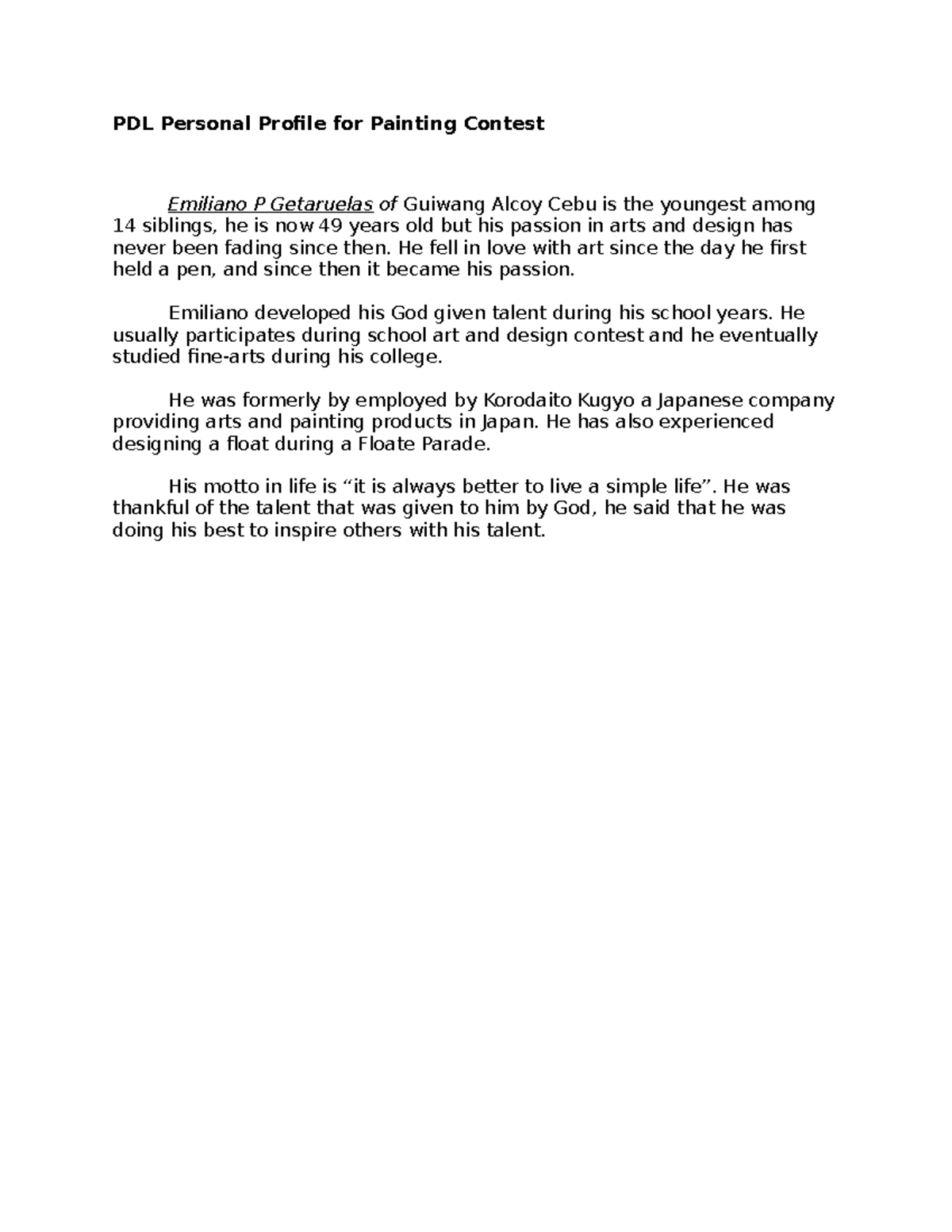 Personal Profile of PDL for Painting - PDL Personal Profile for ...