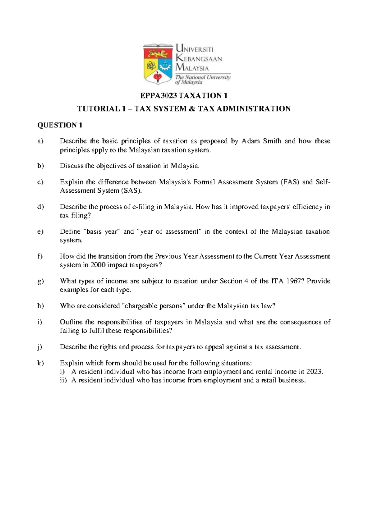 Tutorial chapter 1 - EPPA3023 TAXATION 1 TUTORIAL 1 – TAX SYSTEM & TAX ...