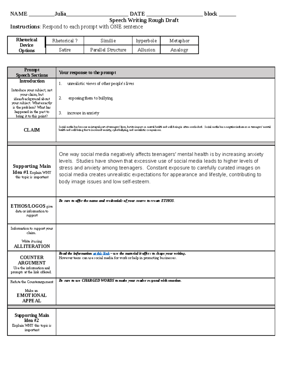 Copy of Speech Writing Graphic Organizer Rhetorical Devices-1 - NAME ...