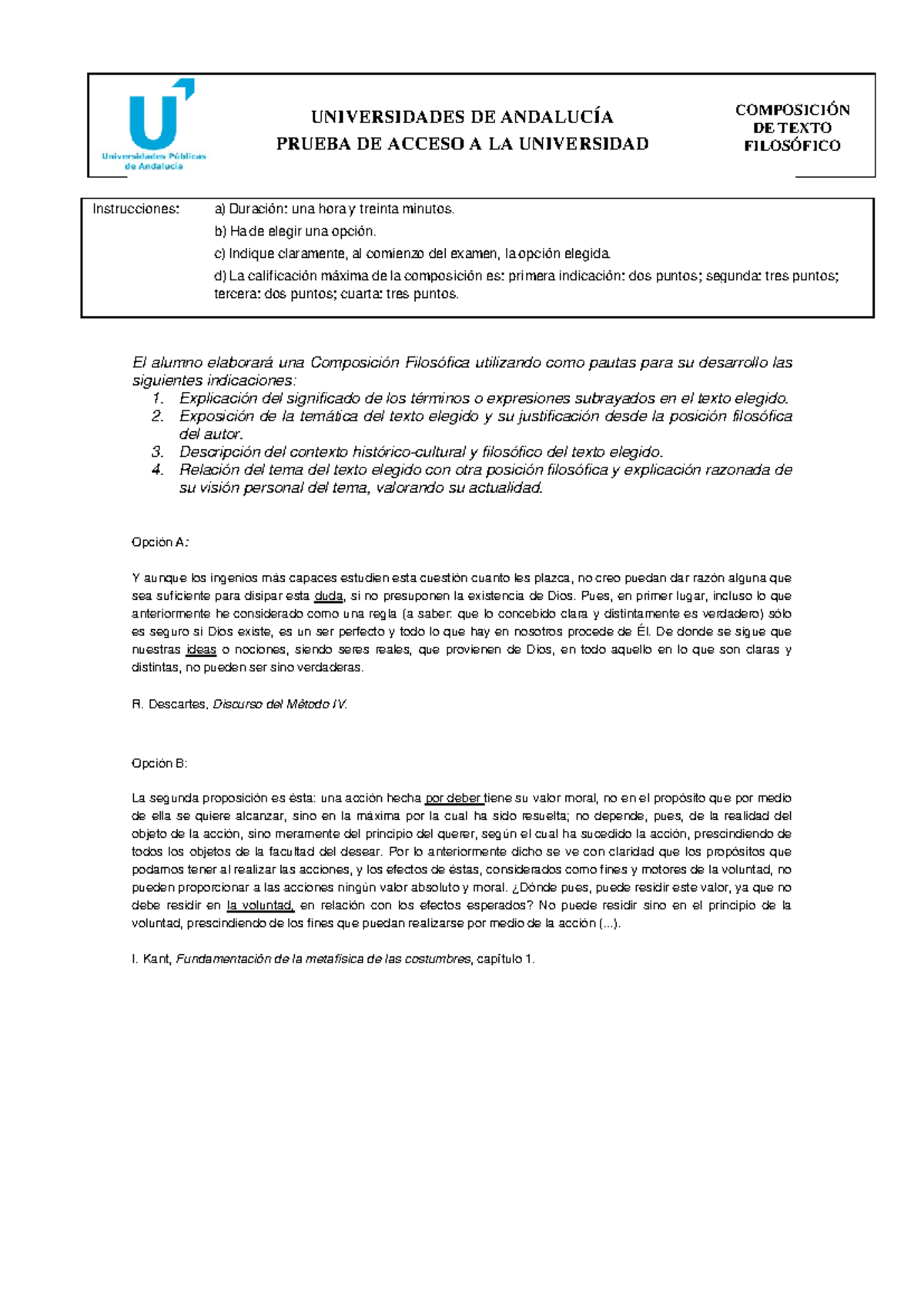 Texto Filosofico 6 - Examen y criterios de correcciขn - UNIVERSIDADES DE ANDALUCÍA PRUEBA DE ...