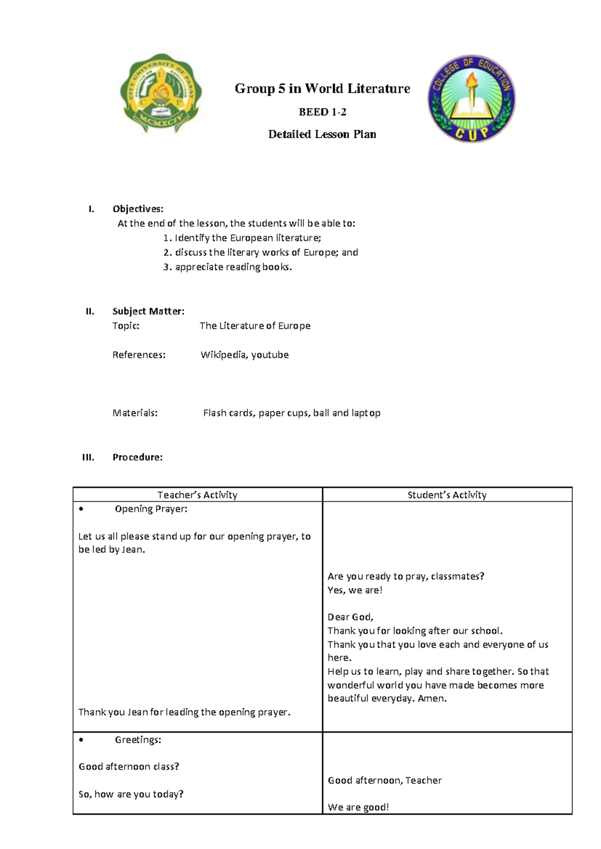 Detailed Lesson Plan In World Literature - Group 5 in World Literature ...