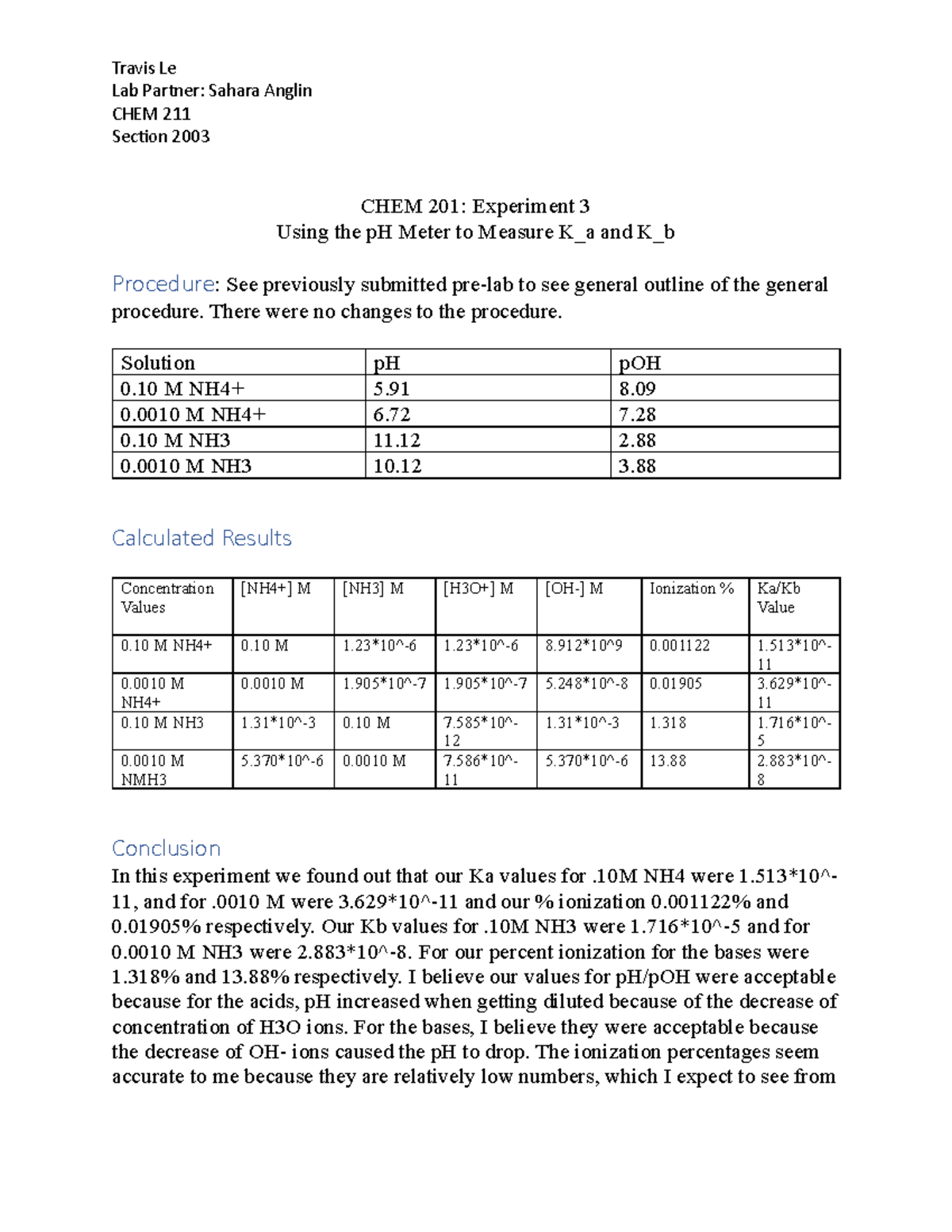 Le Travis CHEM201 EXP3 - expierment 3 lab report - Travis Le Lab ...