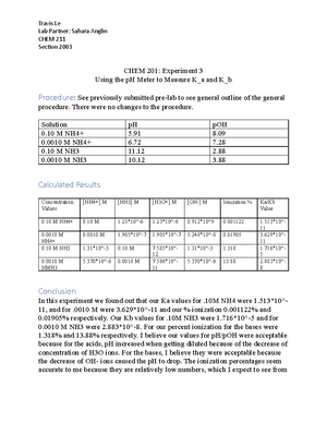 CHEM 201 - mathmeticial equations - Travis Le Partner: Sahara Anglin ...