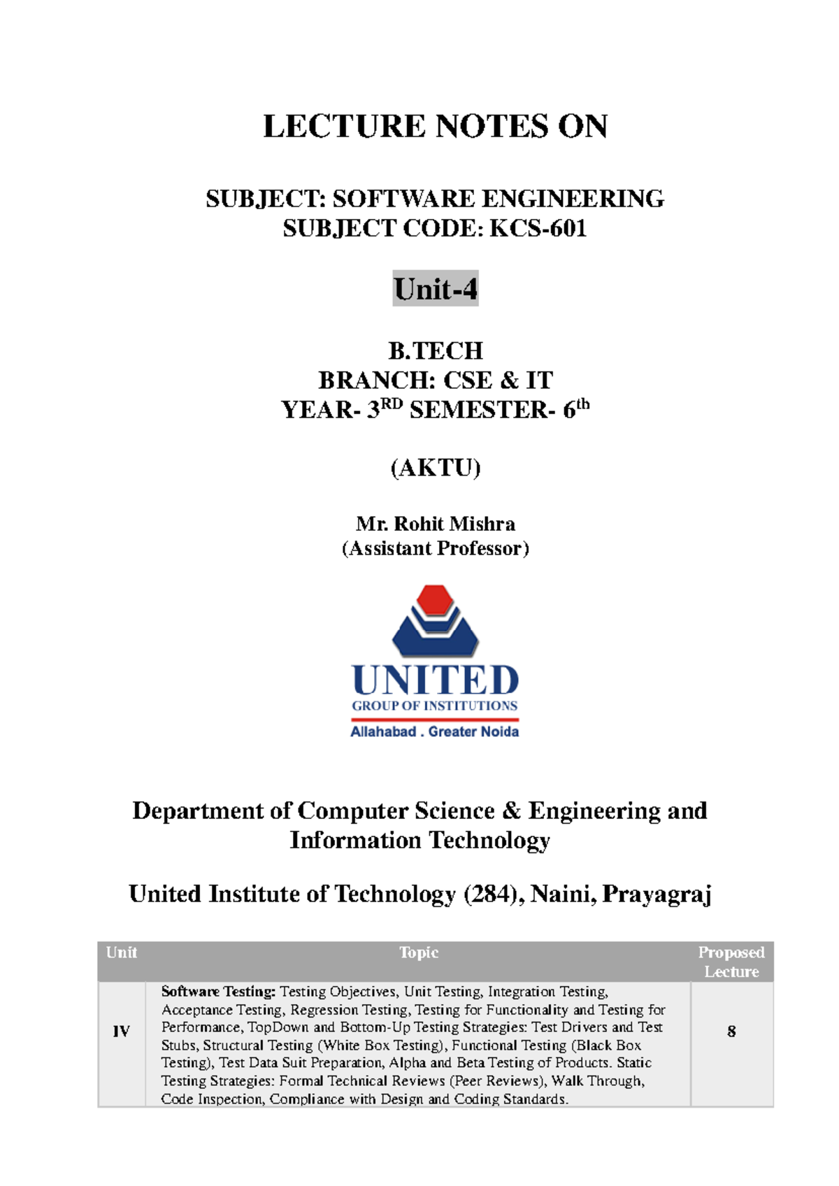 SE (KCS-601) Unit-4 Notes - LECTURE NOTES ON SUBJECT: SOFTWARE ...