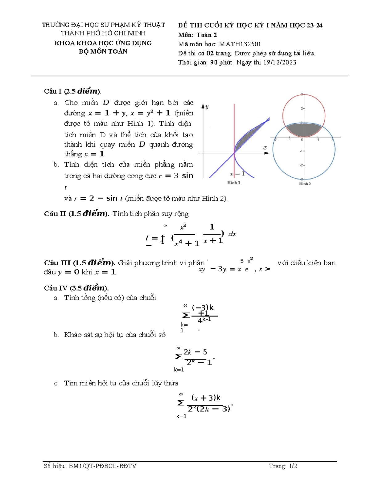 Toan2 Dt-hk1-23-24 - đề thi - TRƯỜNG ĐẠI HỌC SƯ PHẠM KỸ THUẬT ĐỀ THI CUỐI KỲ HỌC KỲ I NĂM HỌC 23 ...