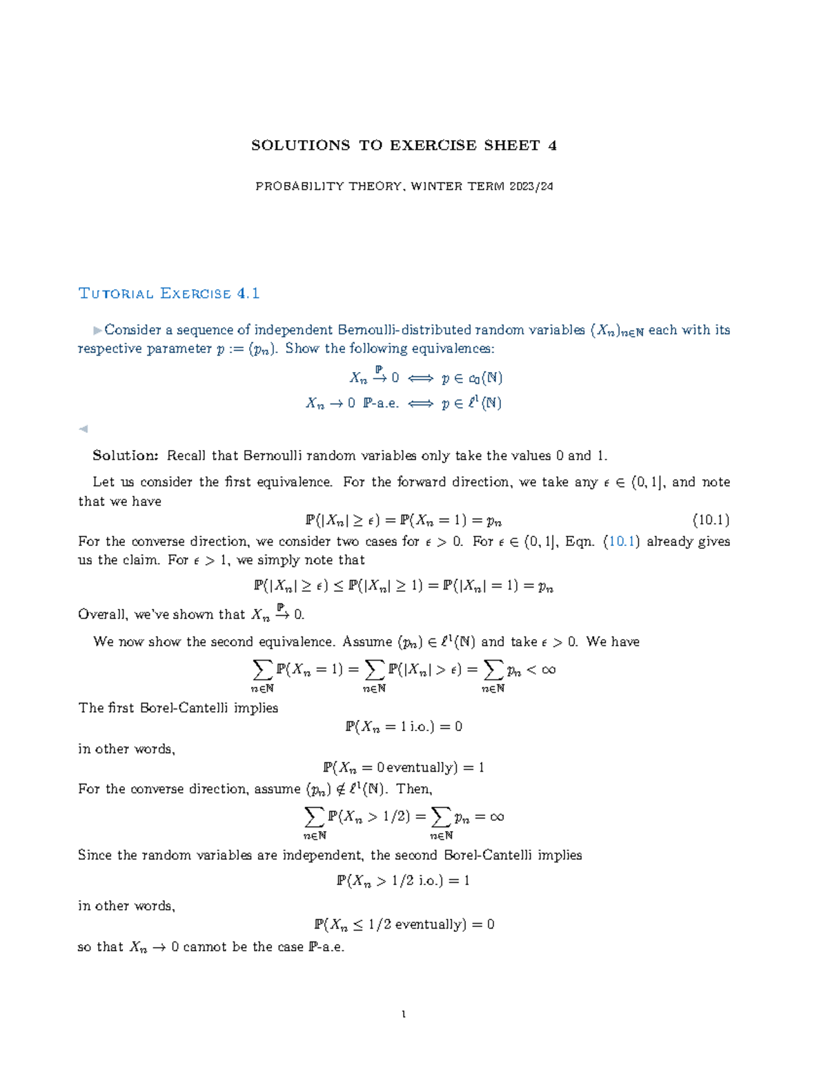 tutorial and hw 4 - SOLUTIONS TO EXERCISE SHEET 4 PROBABILITY THEORY, WINTER TERM 2023/ Tutorial ...