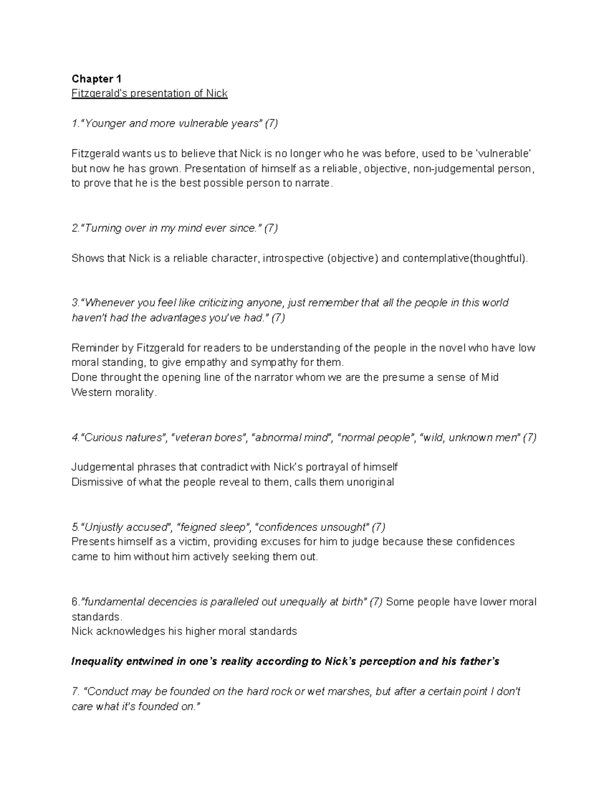 TGG text notes - Chapter 1 Fitzgerald’s presentation of Nick 1.“Younger ...