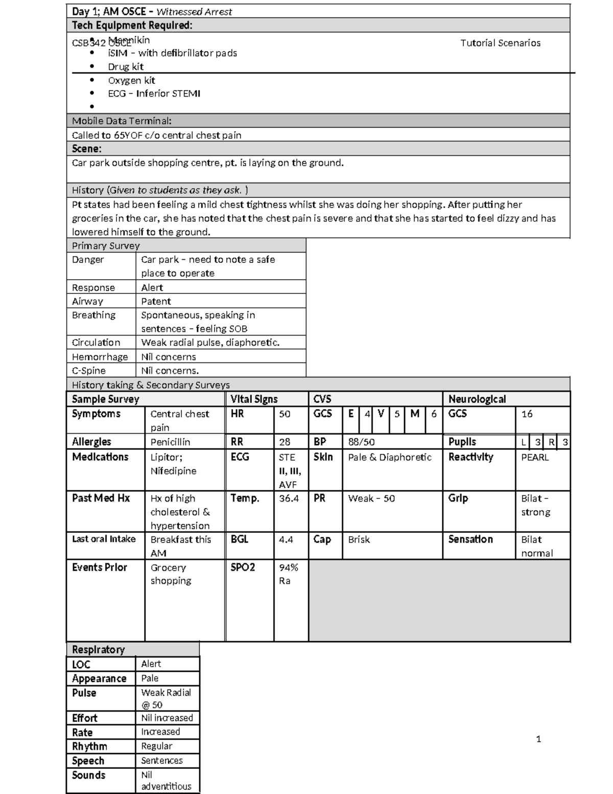 OSCE cardiac arrest - Notes. - CSB342 OSCE Tutorial Scenarios 1 Day 1 ...