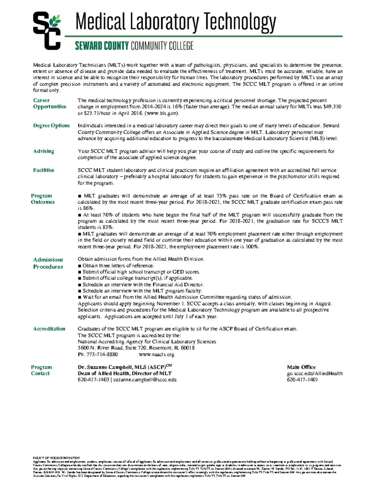 MLT Program Brochure 2022 2023 - POLICY OF NODISCRIMINATION Applicants ...