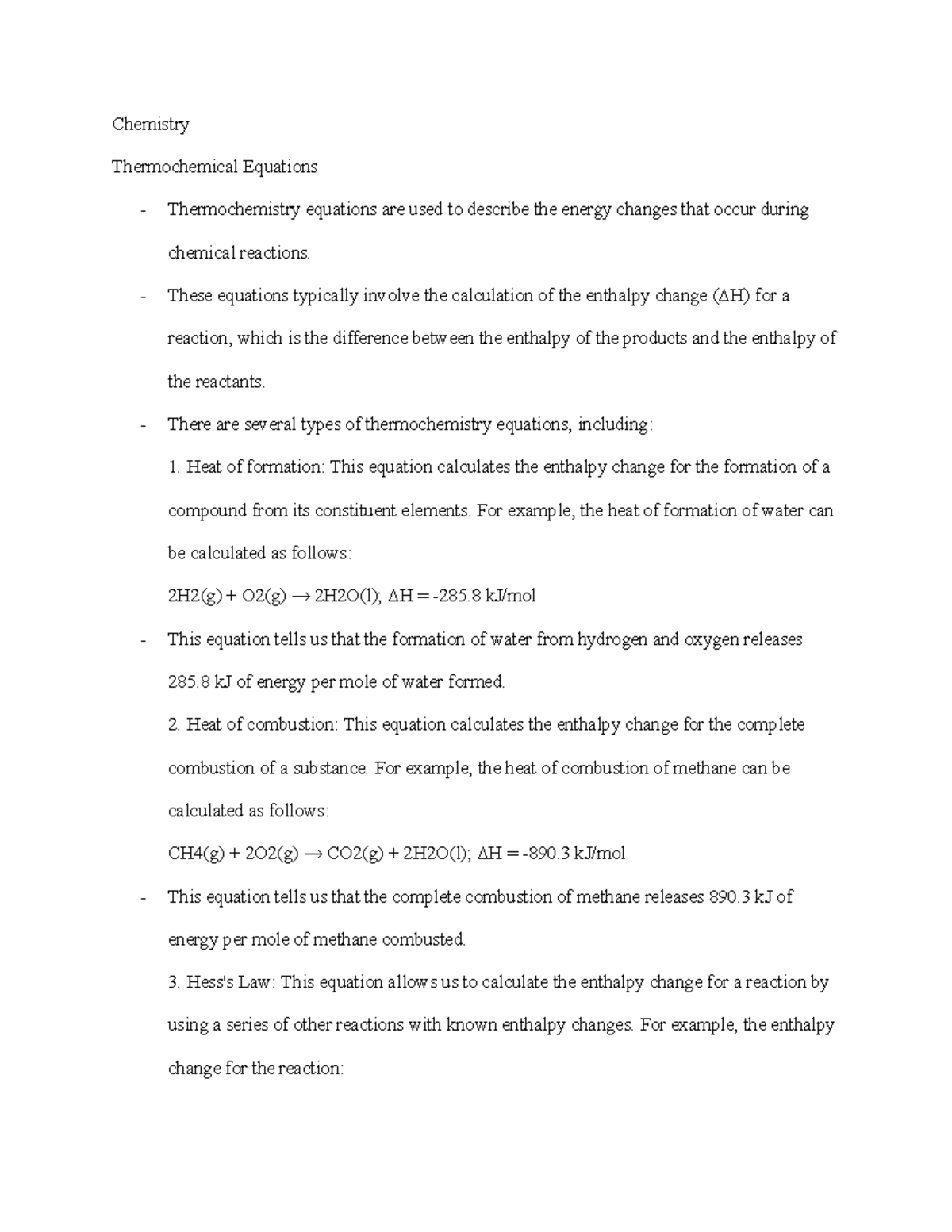 Chemistry-Thermochemical Equations - These equations typically involve ...