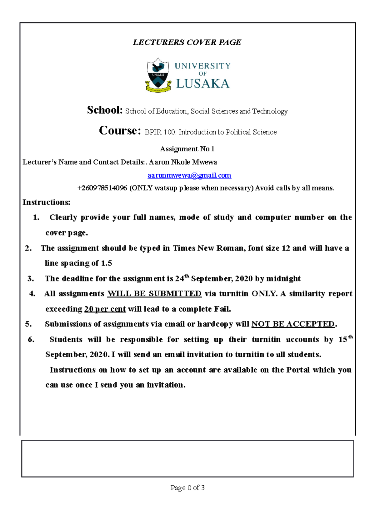 BPIR100 Extended notes Unilus Zambia - LECTURERS COVER PAGE School ...