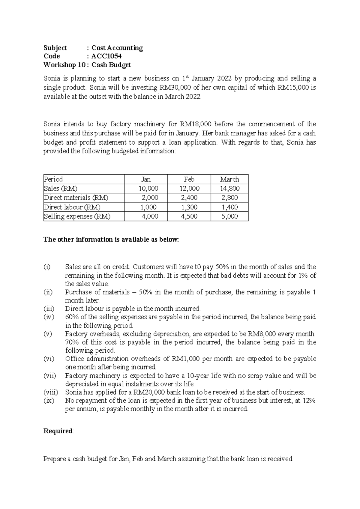 Workshop Qtn Budget - Subject : Cost Accounting Code : ACC Workshop 10 ...