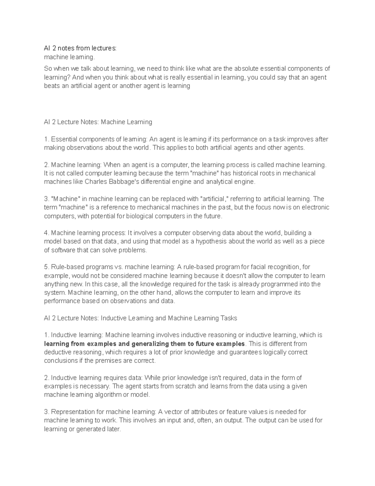 AI 2 notes from lectures - AI 2 notes from lectures: machine learning ...