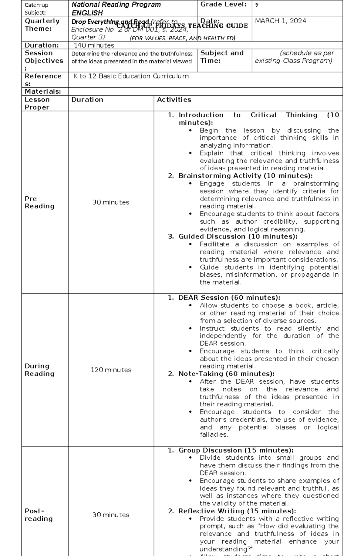 Grade 9-national reading program - CATCH-UP FRIDAYS TEACHING GUIDE (FOR ...