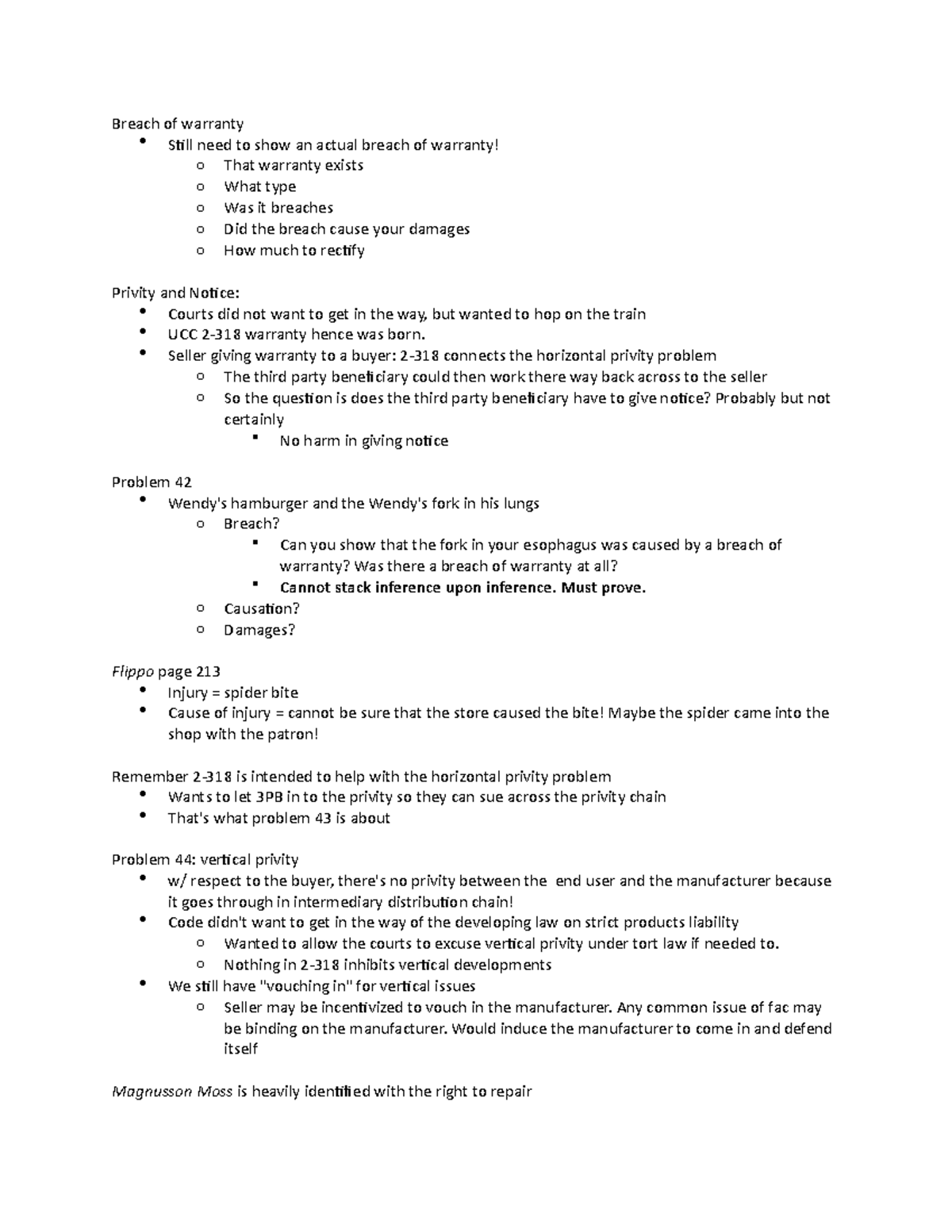 Class 10 Notes - Breach of warranty Still need to show an actual breach ...