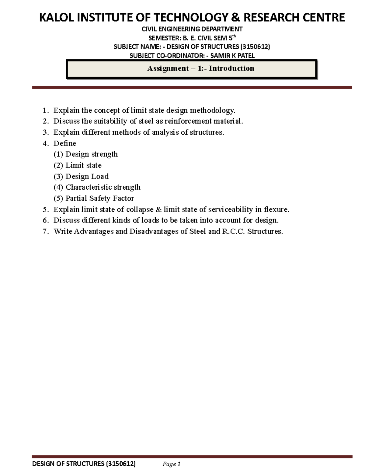 Assignment 1 - KALOL INSTITUTE OF TECHNOLOGY & RESEARCH CENTRE CIVIL ...