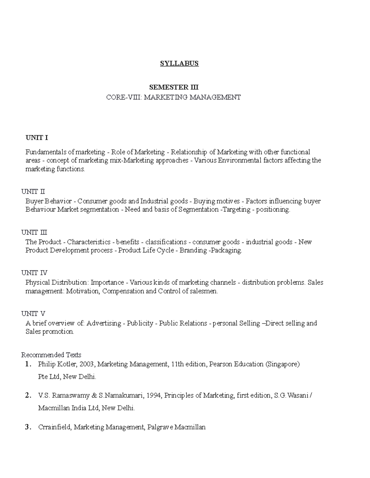 Course FILE - MM - Copy - SYLLABUS SEMESTER III CORE-VIII: MARKETING ...