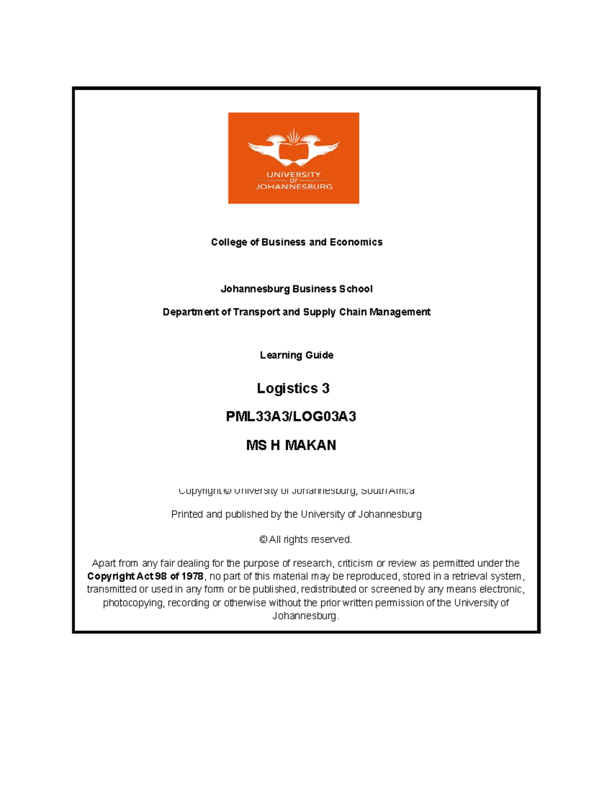 Logistics 3A Learning guide(2) - College of Business and Economics ...