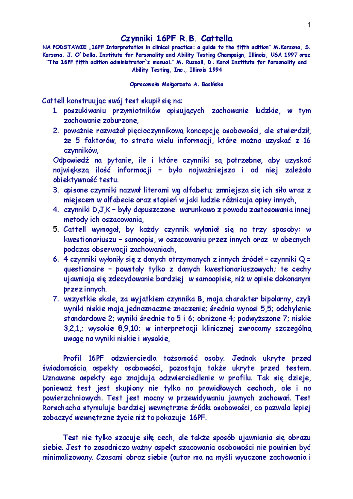 Opracowanie czynników 16PF Cattela - Czynniki 16PF R. Cattella NA ...