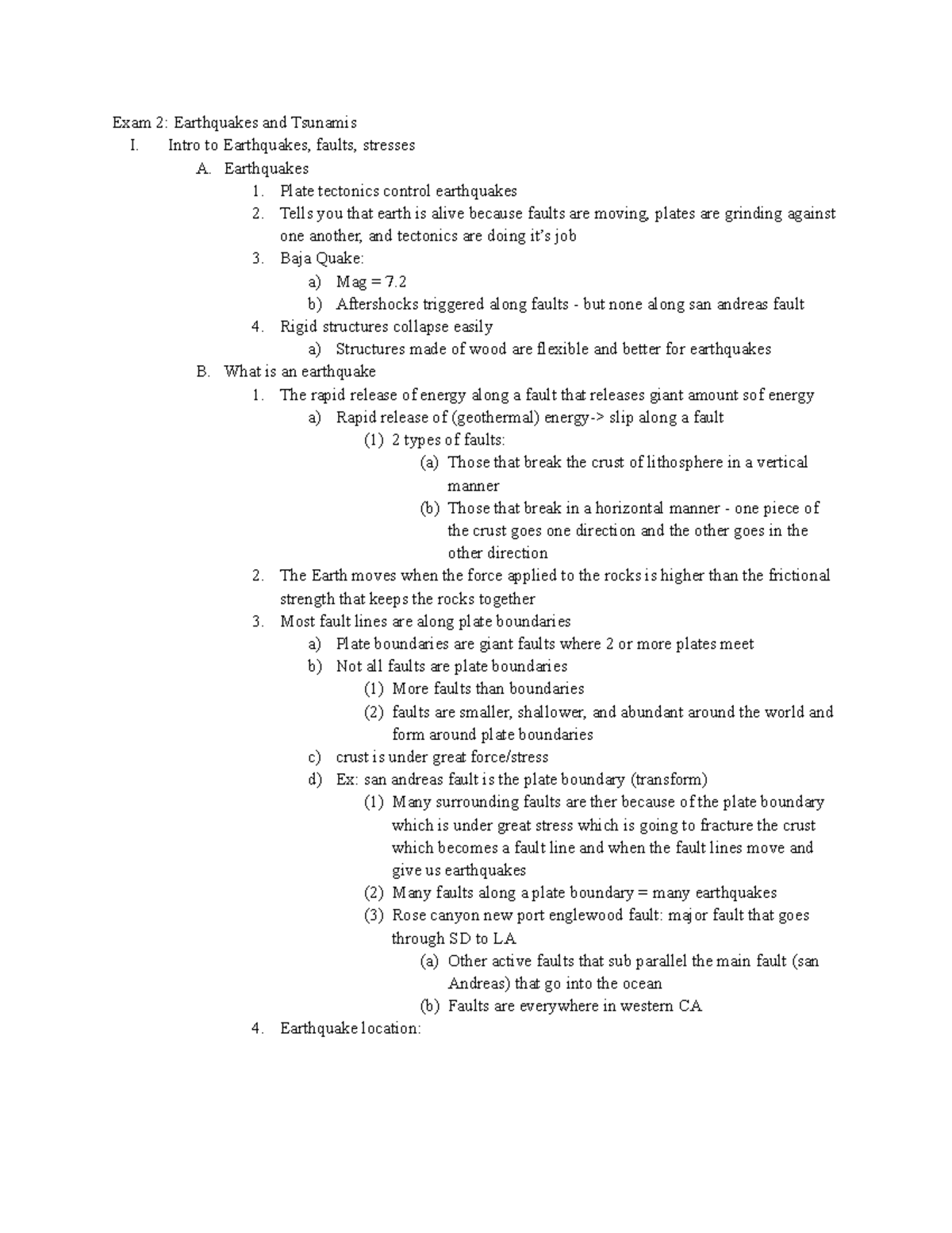 GEOL - Exam 2: Earthquakes and Tsunamis I. Intro to Earthquakes, faults ...