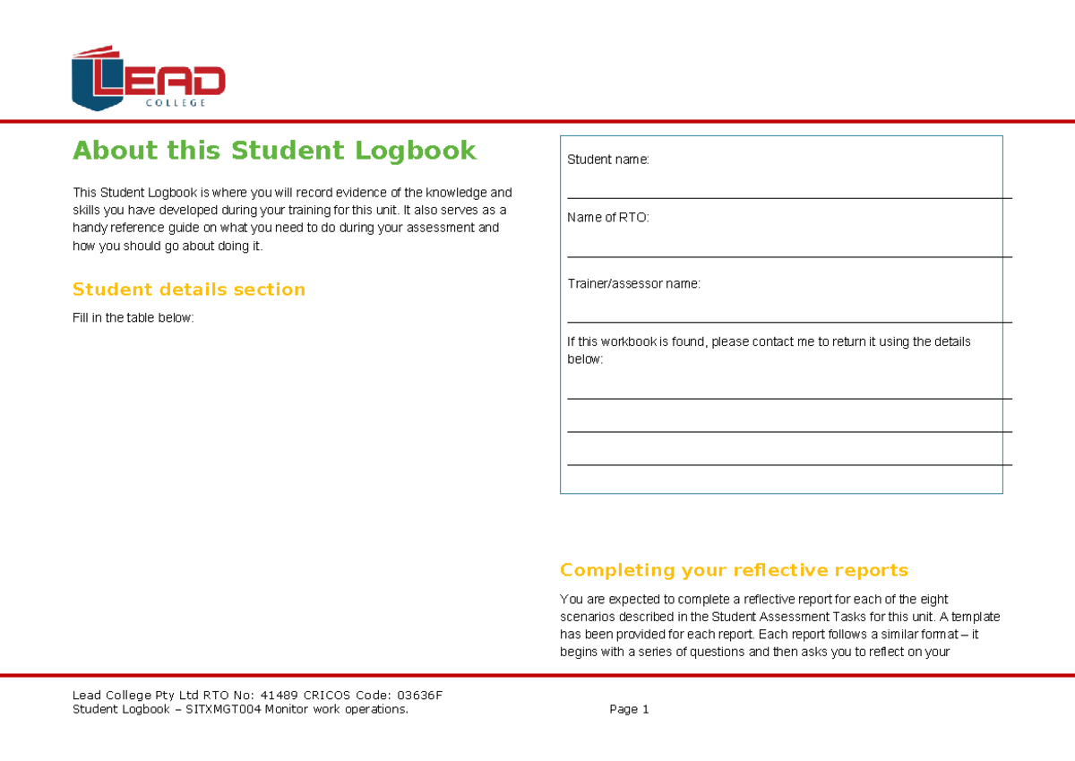 56. Sitxmgt 004 Student Logbook.v1.0 - About this Student Logbook This ...