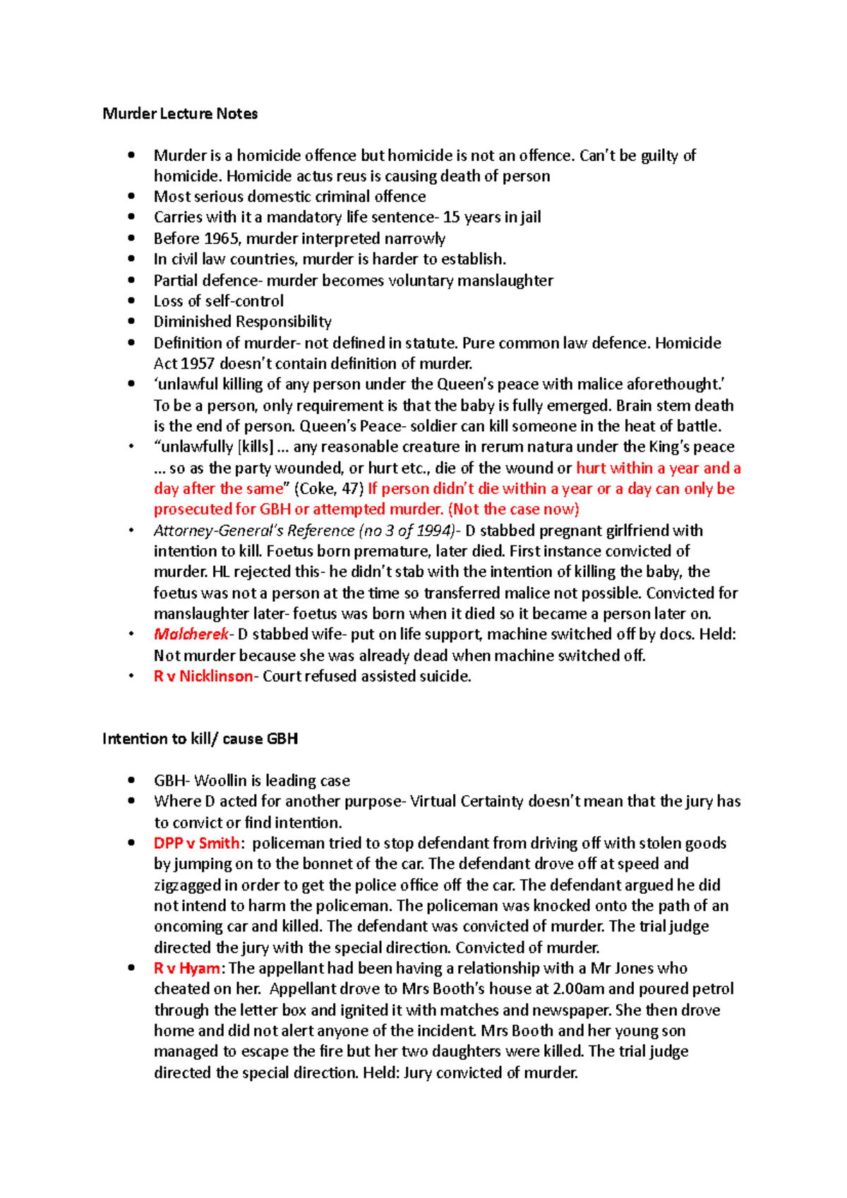 Murder Lecture Notes - Can’t be guilty of homicide. Homicide actus reus ...