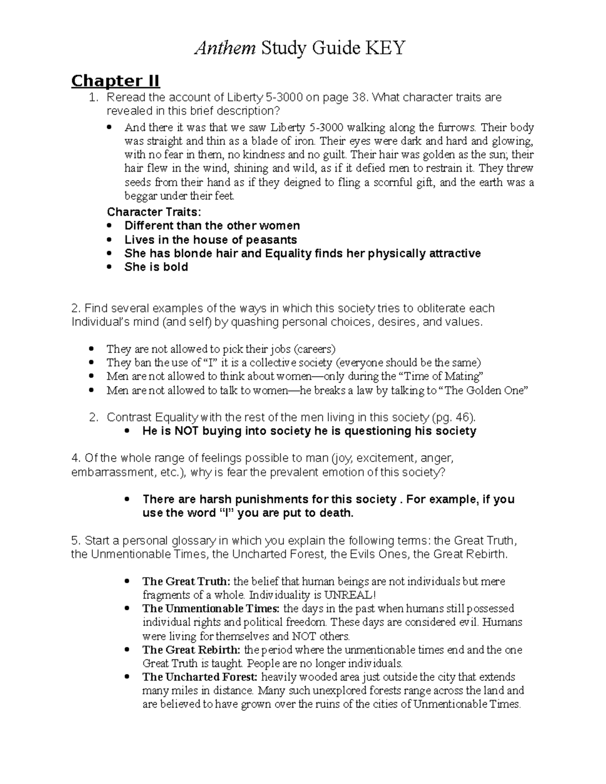Anthem Study Guide Answers - Anthem Study Guide KEY Chapter II Reread ...