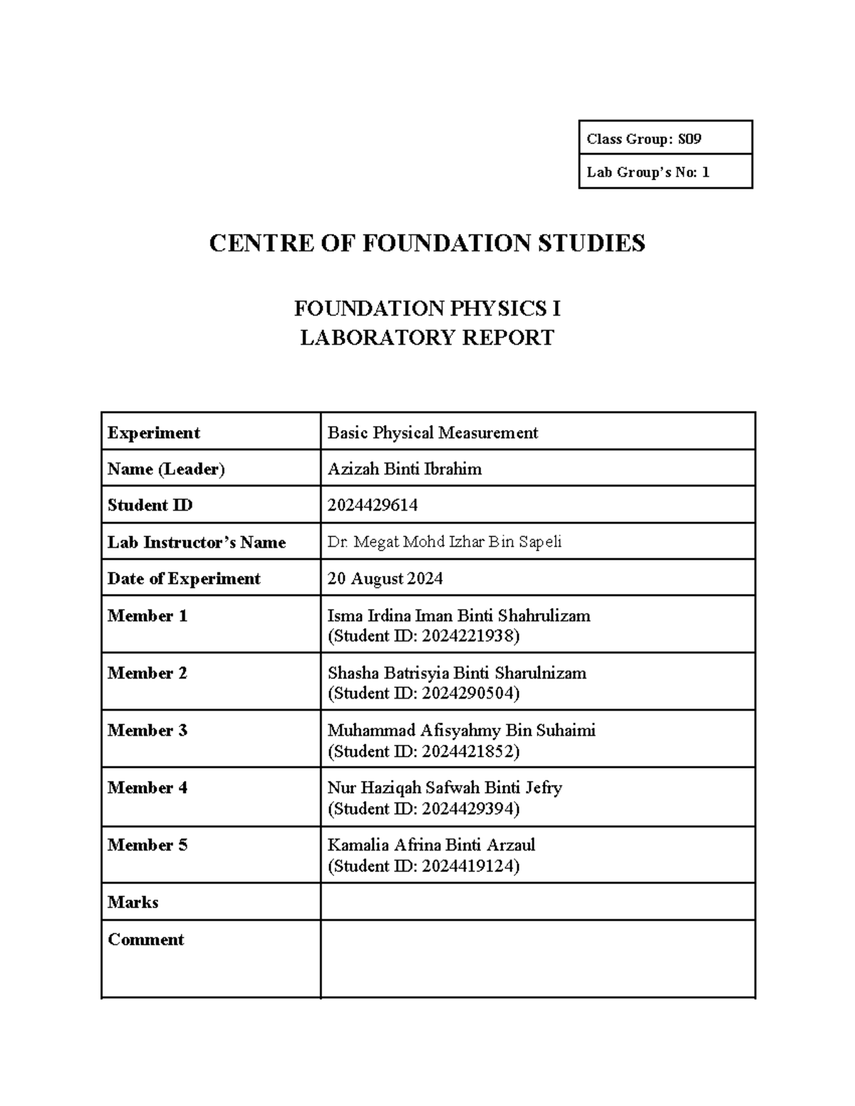 S09 GP1 Exp 1 - FOR REFERENCE PURPOSES ONLY - CENTRE OF FOUNDATION STUDIES FOUNDATION PHYSICS I ...