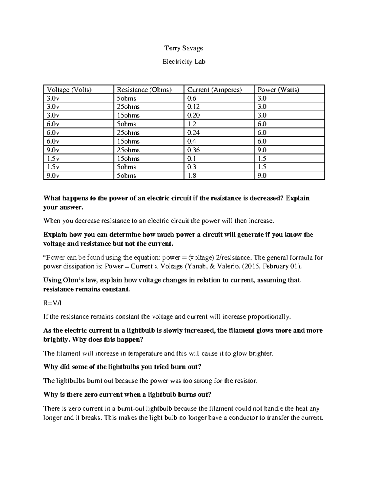 Electricity Lab - Science - Terry Savage Electricity Lab Voltage (Volts ...