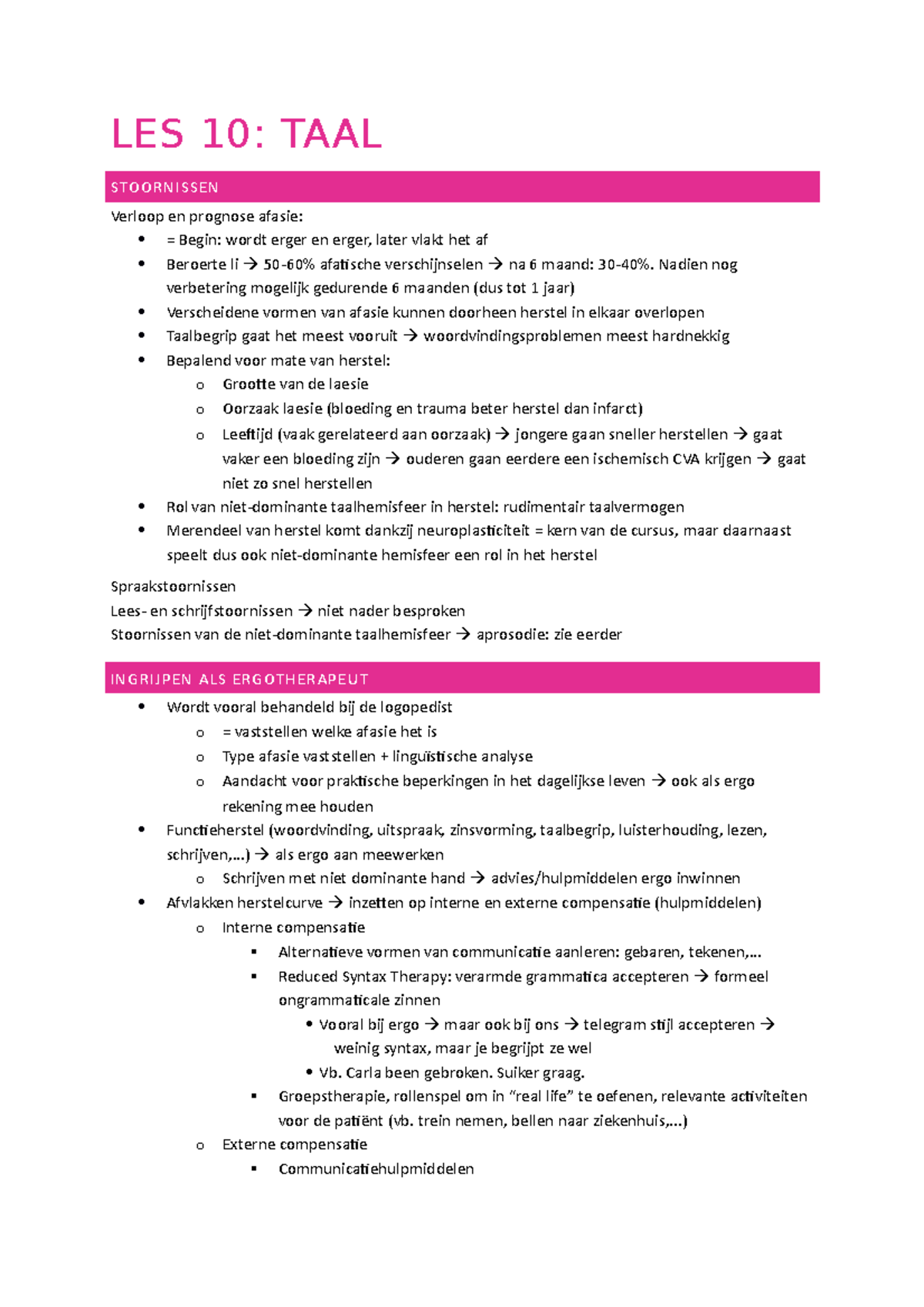 Les 10 - samenvatting les 10 - LES 10: TAAL STOORNISSEN Verloop en ...