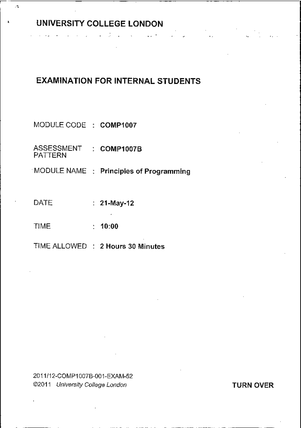 2012 - Exam - UNIVERSITY COLLEGE LONDON EXAMINATION FOR INTERNAL STUDENTS MODULE CODE : COMP ...