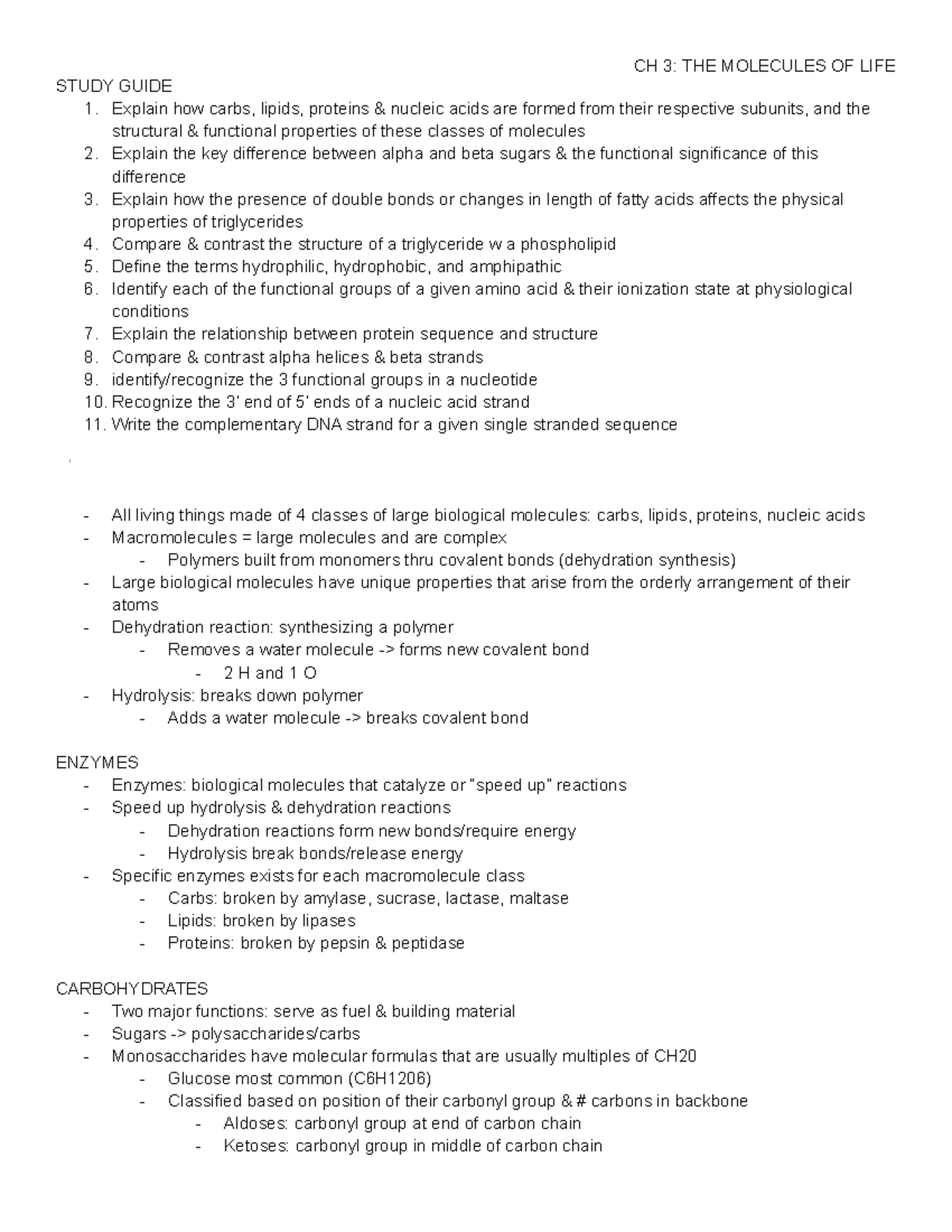 Ch 3 The Molecules of Life - STUDY GUIDE Explain how carbs, lipids ...