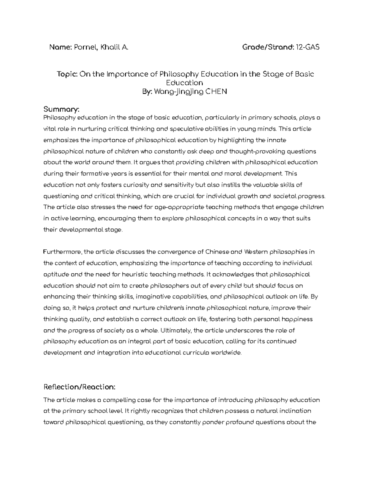 ORR 1 - Online Reading Reflection - Name: Pornel, Khalil A. Grade ...