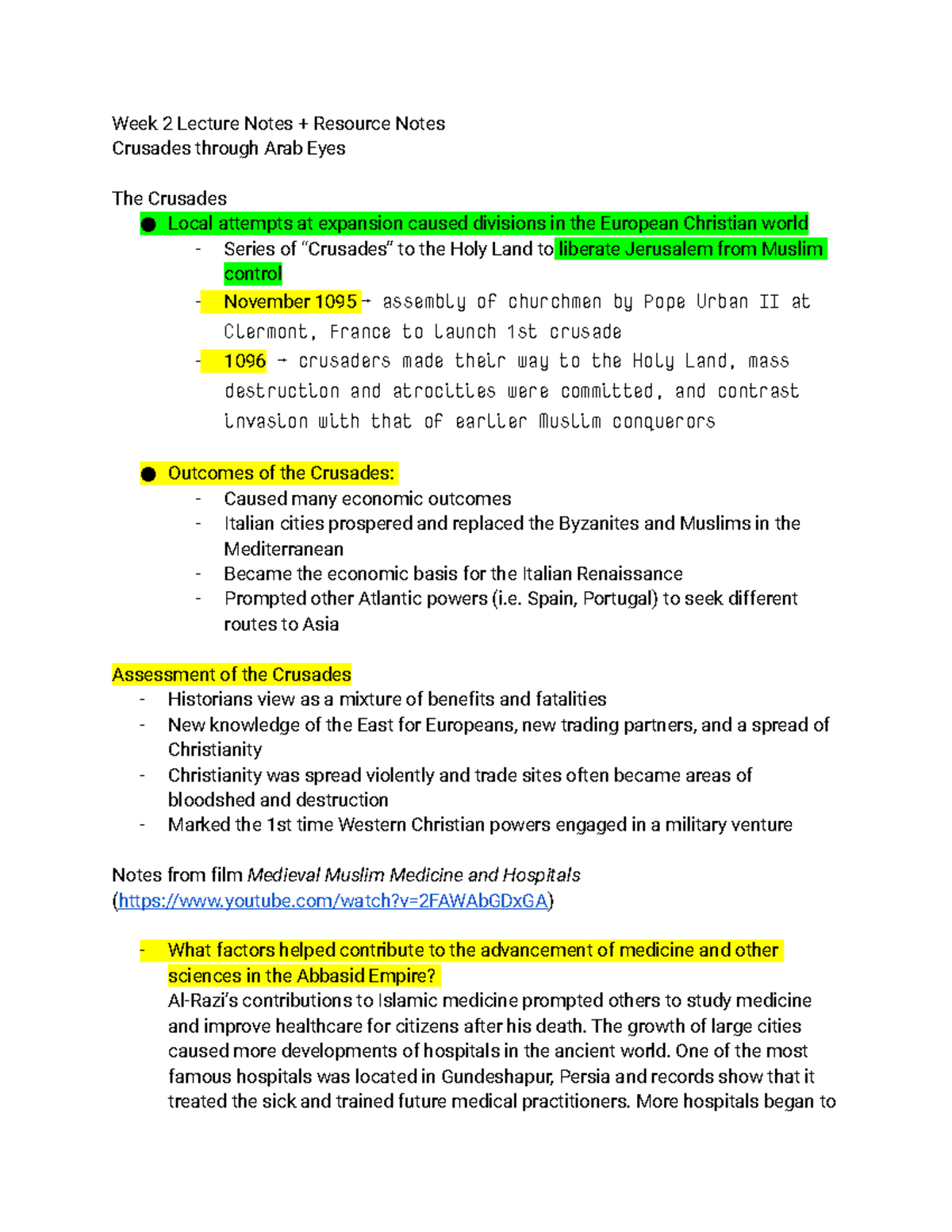 Week 2 Notes Crusades through Arab Eyes - Week 2 Lecture Notes ...