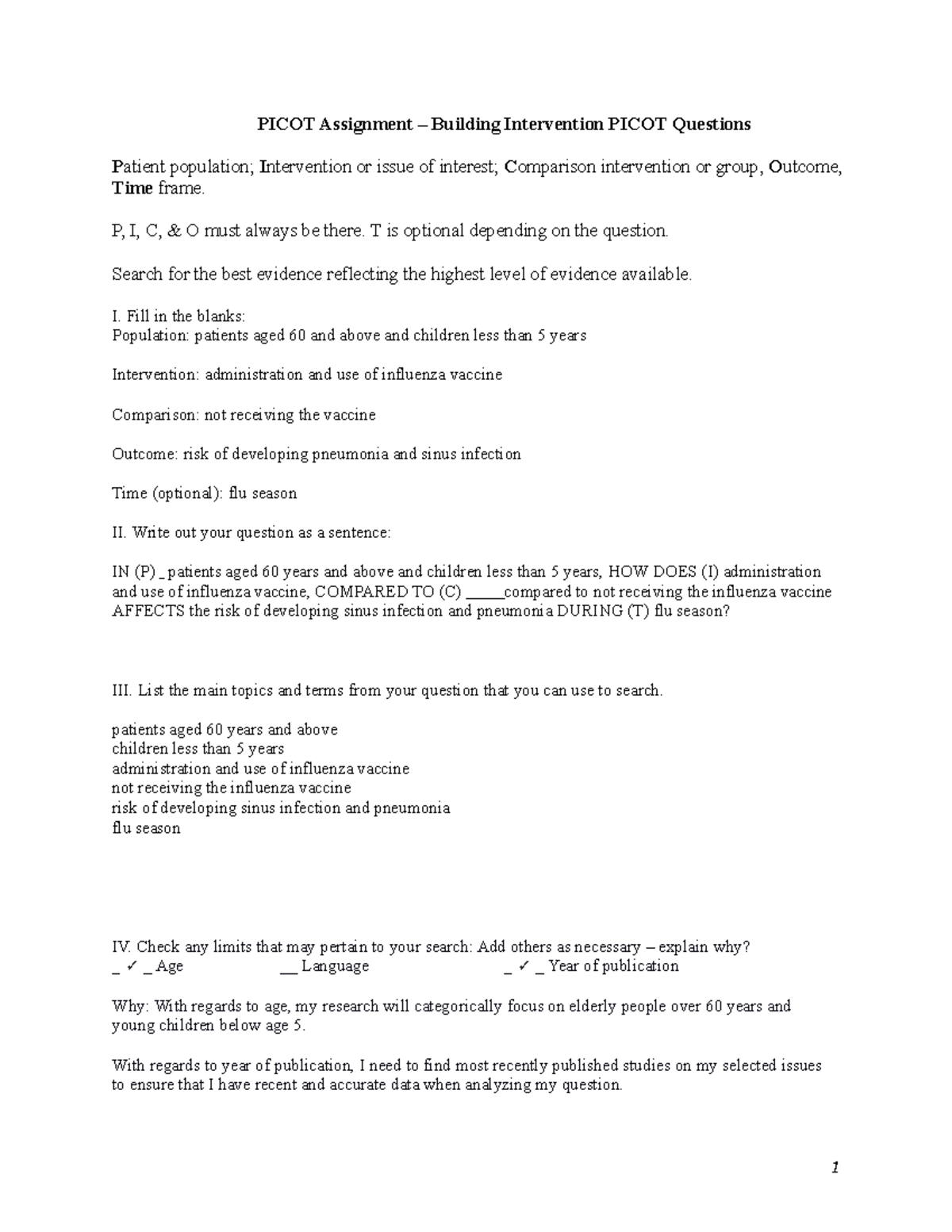 Picot Assignment - Academic Essay On Various Subjects Based on Instructions Given - PICOT - Studocu