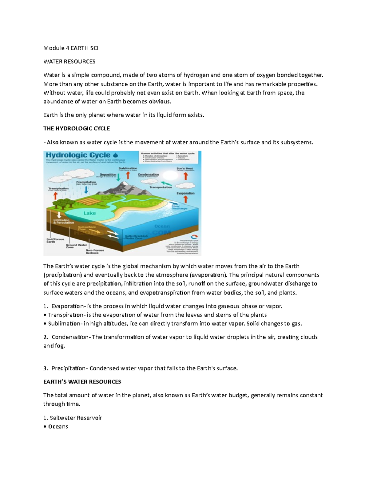 Module 4 Earth SCI - Module 4 EARTH SCI WATER RESOURCES Water is a ...