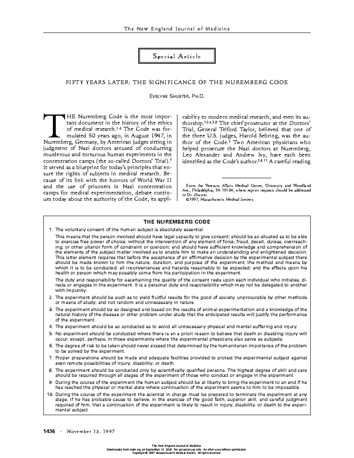 50 Years Later - The Significance of the Neuremburg Code - Special Article 1436 Nove m b e r 1 3 ...