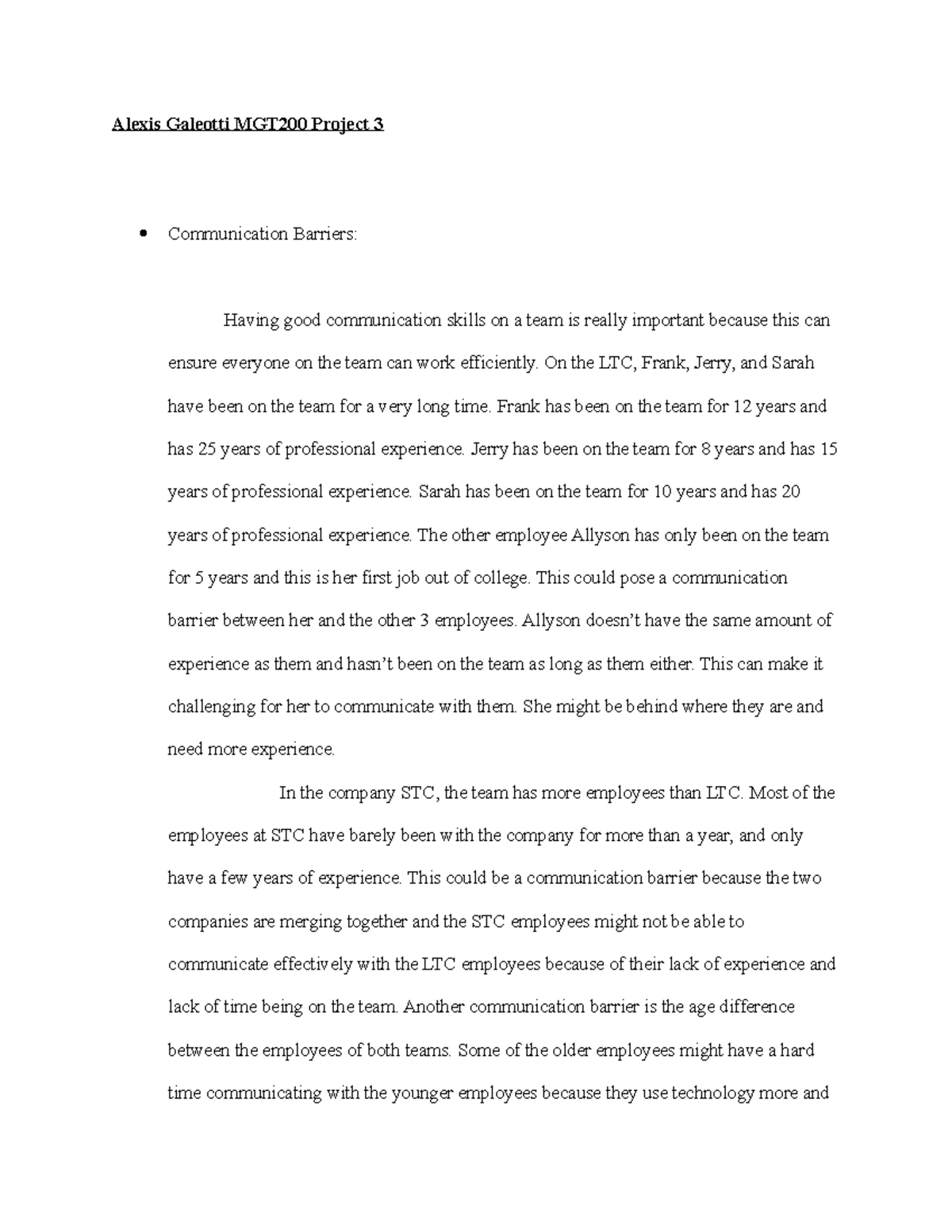 Alexis Galeotti MGT200 Project 3 - On the LTC, Frank, Jerry, and Sarah ...