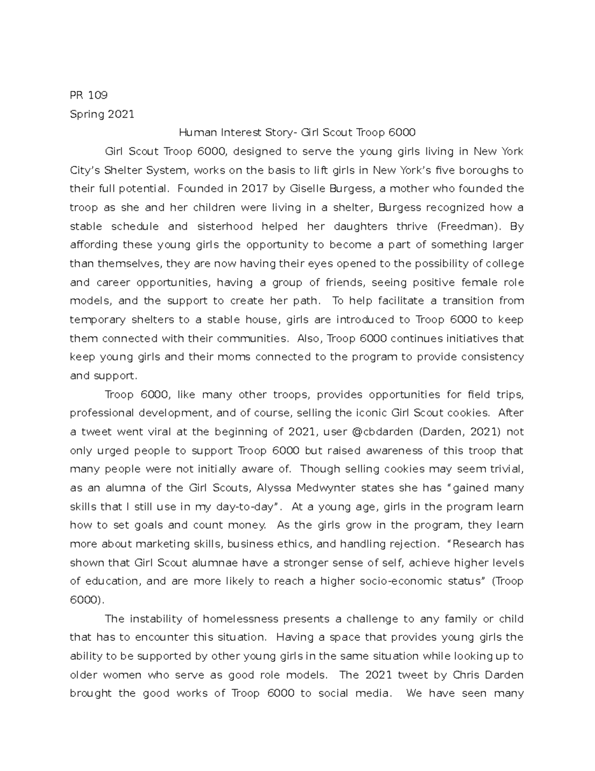 Human interest story- girl scouts - PR 109 Spring 2021 Human Interest ...