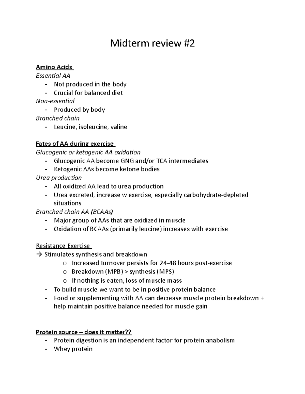 Midterm review#2 - Midterm review Amino Acids Essential AA - Not ...