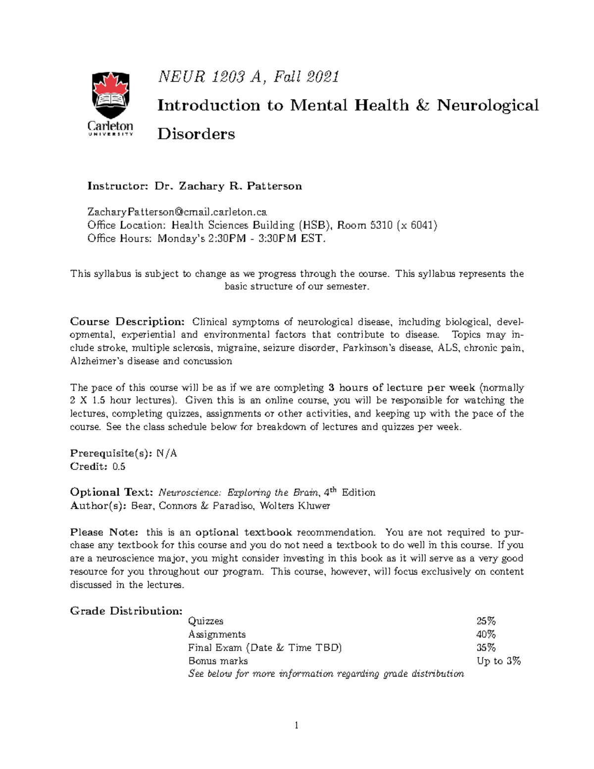 NEUR 1203 F2021 - Course Syllabus - NEUR 1203 A, Fall 2021 Introduction ...