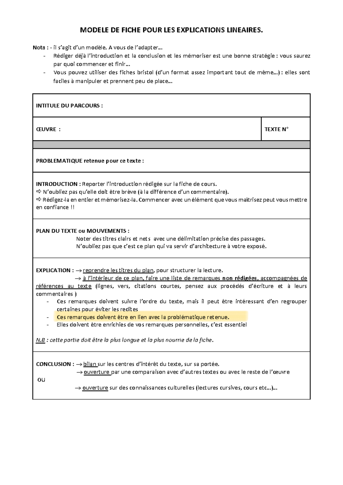 Modele de fiche pour les explications lineaires - MODELE DE FICHE POUR ...