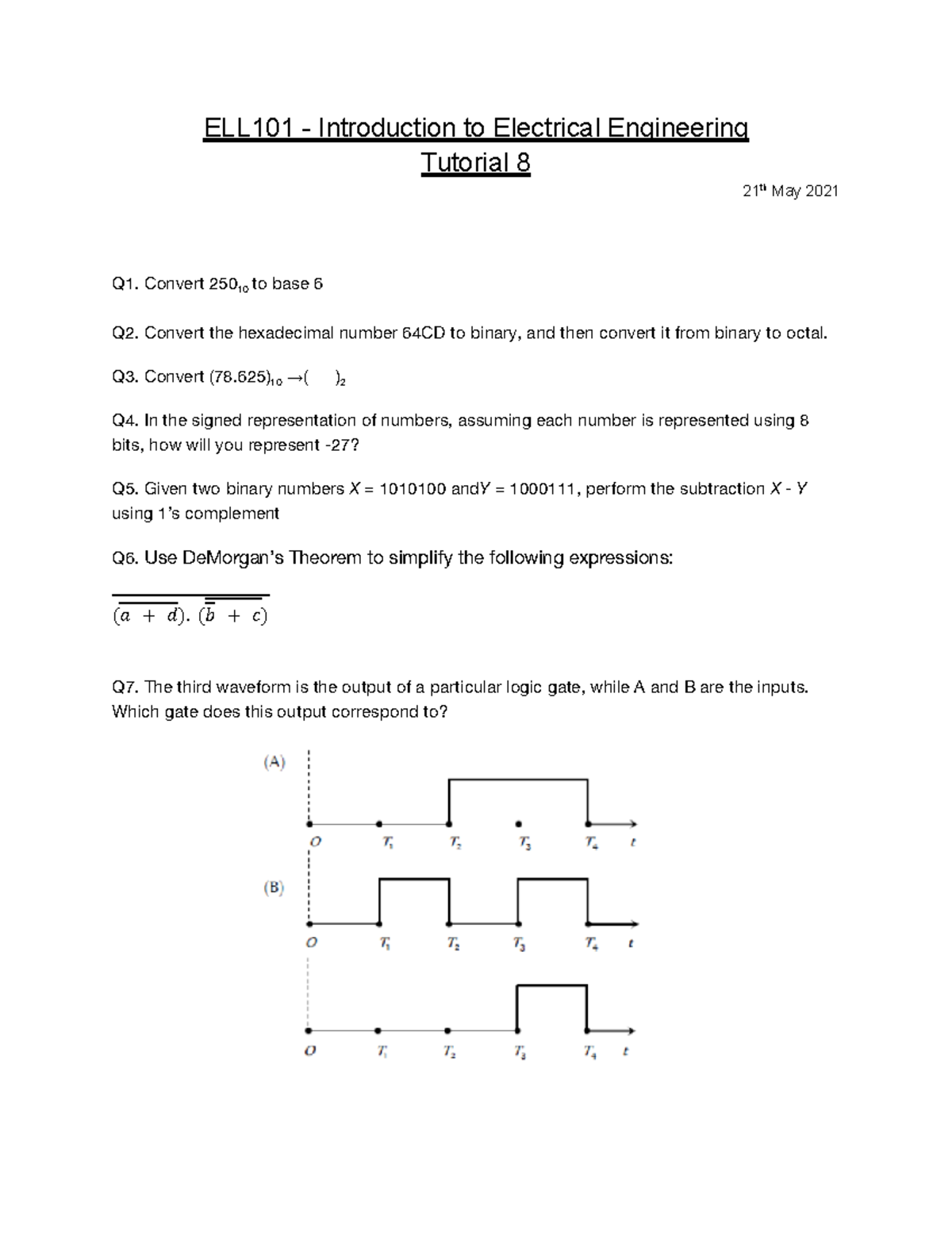 ELL 101 Tut8 - Tutorial Work of ELL101 course at IIT Delhi - ELL101 - Introduction to Electrical ...