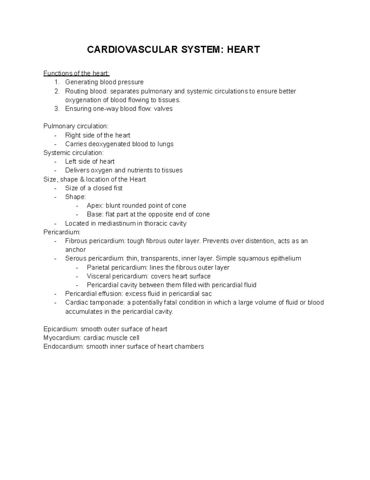 Cardiovascular System Heart notes - CARDIOVASCULAR SYSTEM: HEART ...