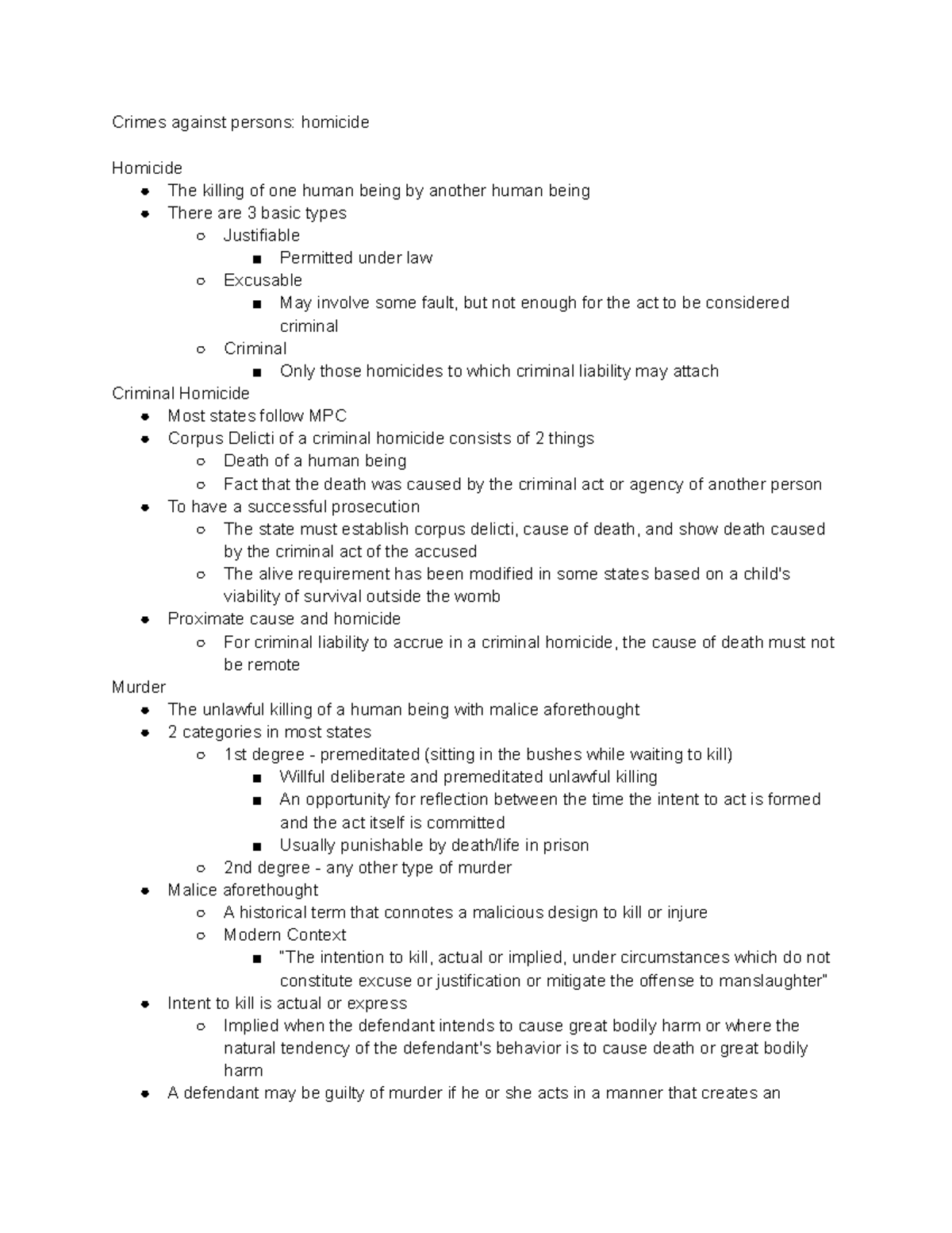 Chapter 7 - Crimes against persons: homicide Homicide The killing of ...